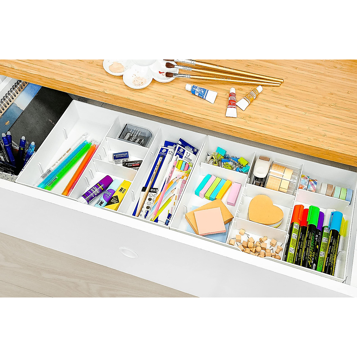 CAXXA 3 Slot Drawer Organizer with Two Adjustable Dividers - Drawer Storage 5 Compartments Junk Drawer Organizer for Office Desk Supplies and Accessories, White