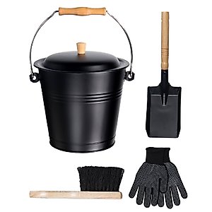vensovo 1.5 Gallon Ash Bucket with Lid - Shovel, Broom, and Gloves, Heavy Duty Galvanized Iron, Fire-Resistant, Black Finish Perfect for Fireplaces, Fire Pits, Wood-Burning Stoves, and Grills