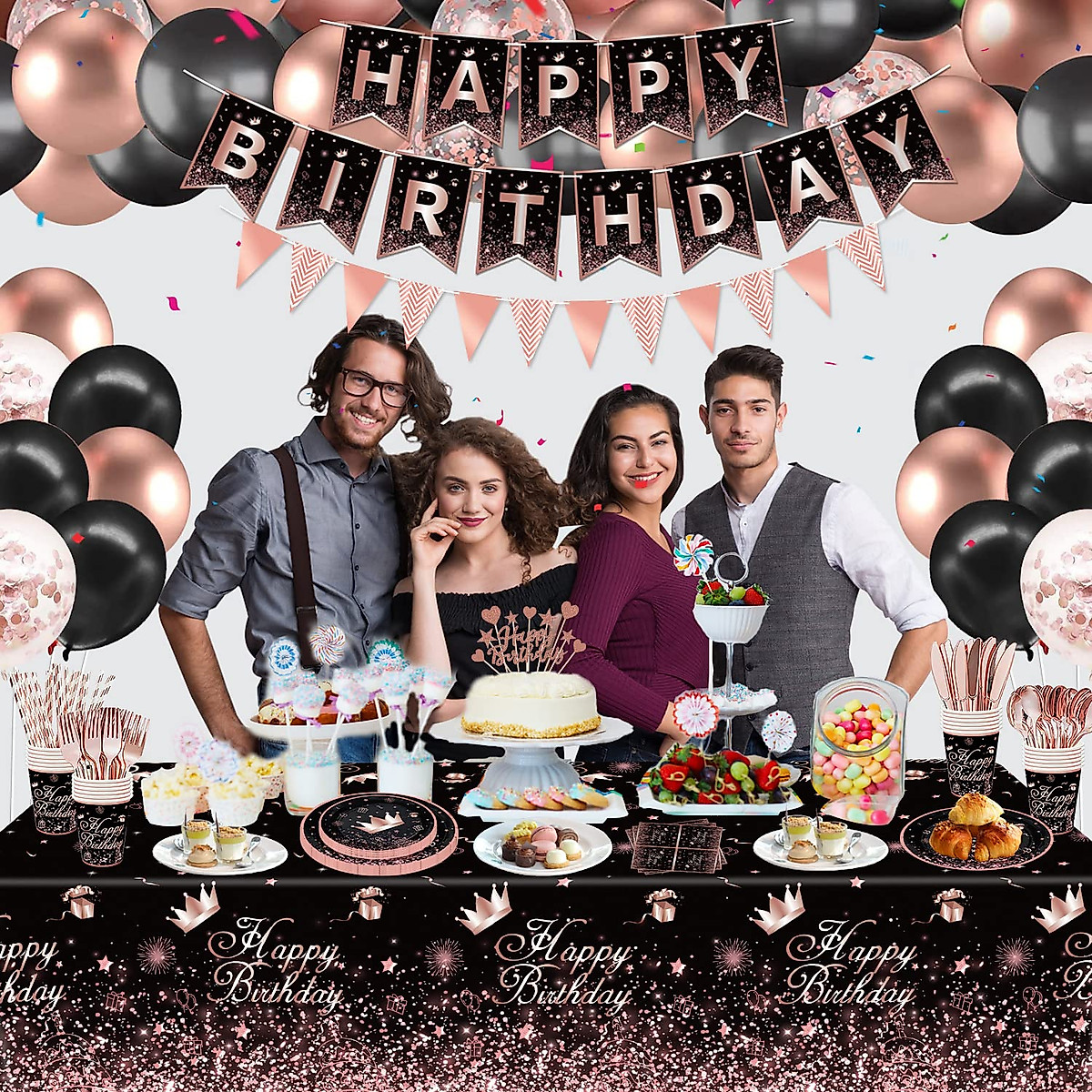 225 PCS Black and Rose Gold Party Decoration Black Rose Gold Dinnerware Set Rose Gold & Black Party Supplies Rose Gold and Black Birthday Party Supplies-Plates, Banners, Balloons, Tablecloth Serves 20