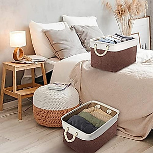 IMQSQIK Foldable Storage Bin 2 Pack, Large Fabric Storage Bin with Coarse Hemp Rope Handles, Gift Baskets Empty for Organizing Closet Nursery Shelves ( 15x 11 x 8 inches, Khaki White)