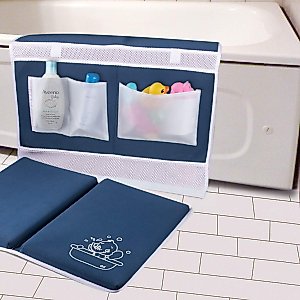 Baby Bath Kneeler and Elbow Rest -1.5" Thick Kneeling Pad with Toy Organizer - Large Safty Kneeler Mat for Tub Bathing and Bathroom Time - Detachable and Foldable Child Bath Tub Mat - Royal Blue