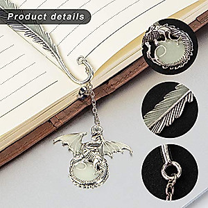 Vintage Feather Metal Bookmark, Unique Glow in The Dark Bookmark Gift for Men Women (Antique Silver Dragon)