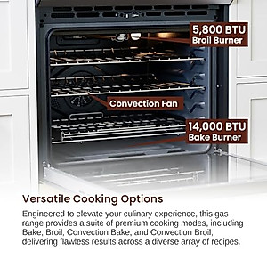 RANGAIRE RRG303TS 30" Gas Range, 5 Sealed Burners, 5.0 cu. Ft. Capacity, Freestanding Slide-in Convection Oven, Easy Reach Racks, Clock and Timer, Stainless Steel