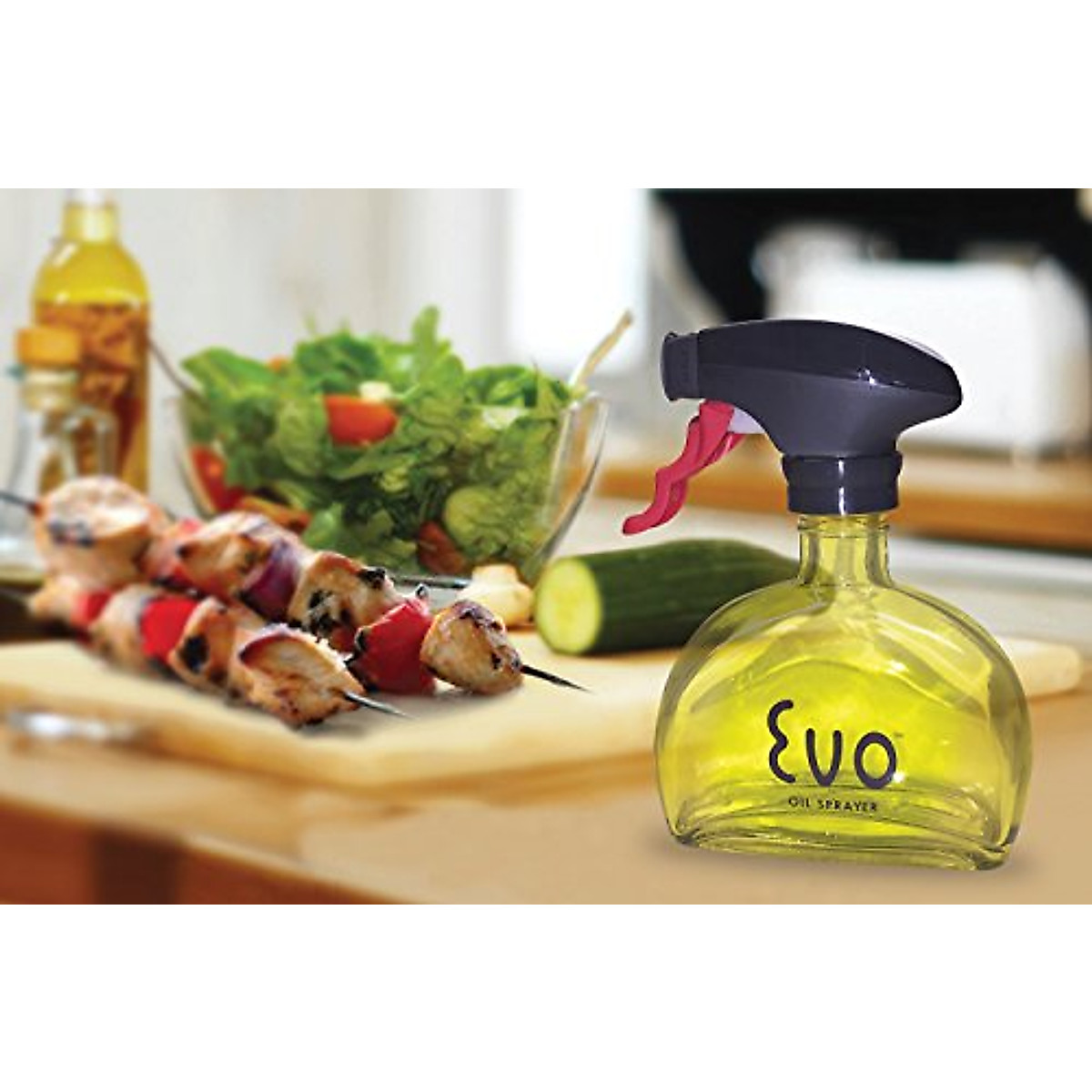 Evo Oil Sprayer Evo Glass Trigger Sprayer Bottle, Non-Aerosol for Olive Cooking Oils, 6-Ounce Capacity, 6 oz, Yellow/Black/Red