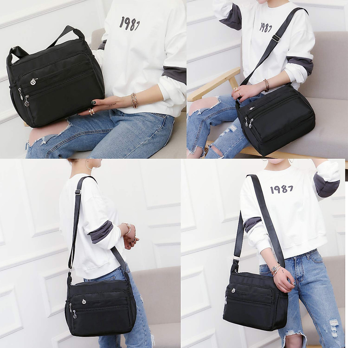 SYYHOME Crossbody Purses for women Multi-Pocket Nylon Shoulder Bags Lightweight Travel Purses Messenger Handbags (Large, Black)