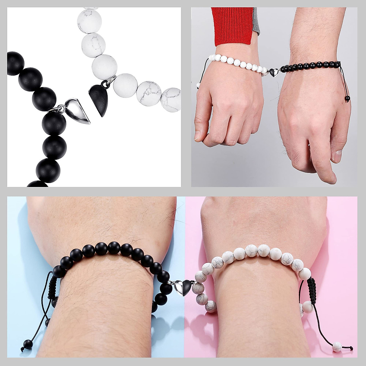 Top Plaza 2pcs Couples Bracelets Matching Heart Bracelets for Lover Healing Crystal Black Agate White Turquoise Bracelets for Couples Him & Her BF GF Valentine's Day Gifts