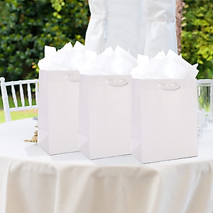 PAPER FAIR 12Pcs Embossed Crystal White Glitter Gift Bags with 24 Tissue Paper Bulk, M 9x7 Inch, Christmas Valentines Day Gift Wrap Bag, Wedding Bridal Shower Favor Bag Gift Packaging, Holiday