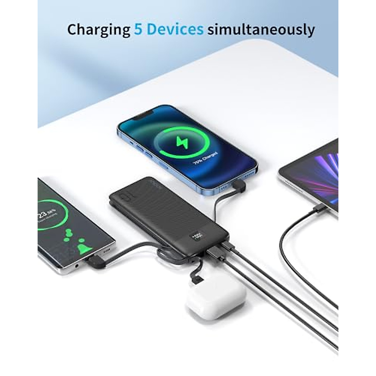 ANOUV Portable Charger with Built-in Cables&AC Wall Plug,10000mAh Power Bank,PD 22.5W USB-C Fast Charging External Battery Pack with LED Display Compatible with iPhones and All Smart Device（1 Pack）