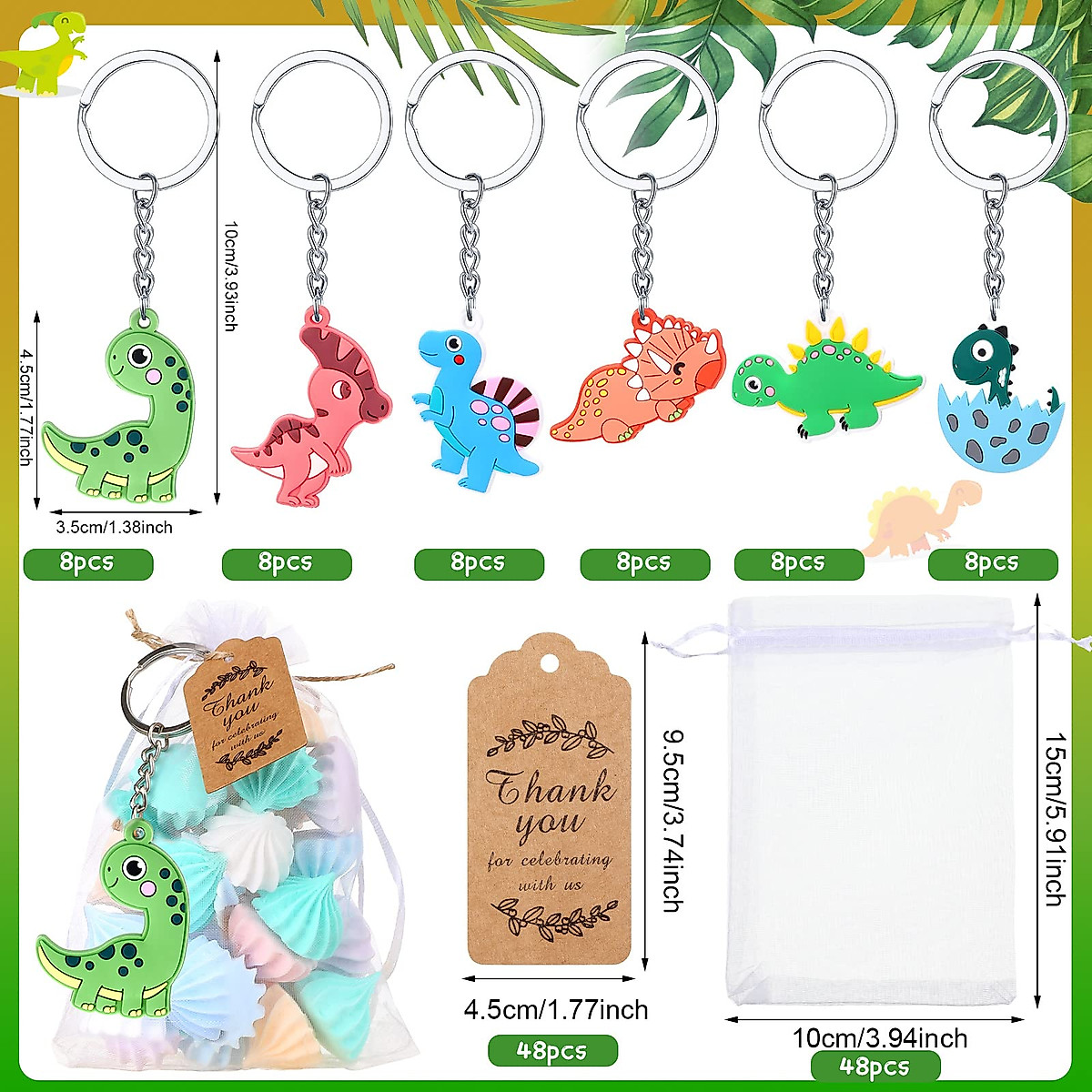 Kigeli 144 Pcs Dinosaur Baby Shower Favors Set with 48 Keychains 48 Organza Bags 48 Thank You Kraft Tags for Dinosaur Baby Shower Birthday Party Favors Decorations Car Handbag Wallet Gifts