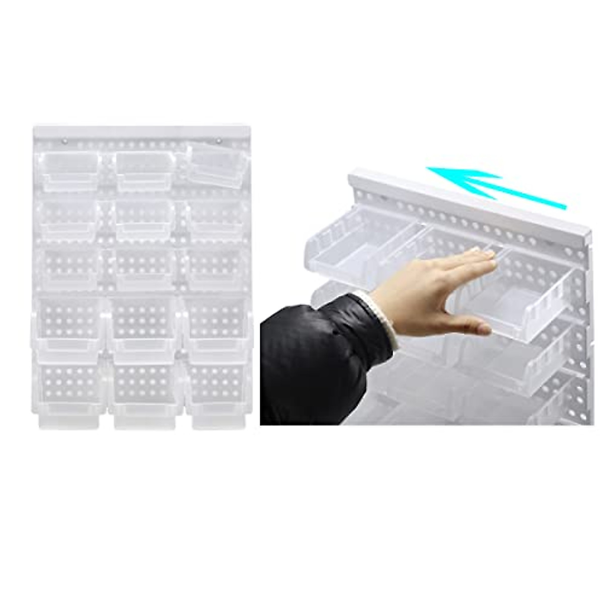 RIVTUN Transparent Garage Organizer Bins, 15PCS Wall Mounted Storage Small Parts Bins With White Pegboard to Store Nuts,Bolts, Screws, Nails