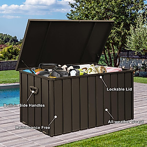 Domi 120 Gallon Deck Box Outdoor Storage Box, Lockable Storage Cabinet Deck Box Outdoor Waterproof, Large Metal Storage Bin for Patio Furniture Cushions Garden Tools Pool-Supplies, Brown