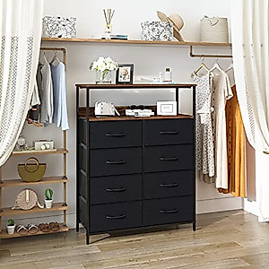 LYNCOHOME 8 Drawer Dresser for Bedroom, Fabric Dresser with Shelves, Chest of Drawers for Bedroom, Closet, Clothes, Storage Tower with Sturdy Steel Frame, Wood Top, Fabric Drawers