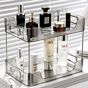 CESTATIVO Bathroom Organizer Countertop, 2 Tier Vanity Tray, Skincare Makeup Organizer Shelf, Vanity Organizer, Bathroom Counter Shelf for Cosmetics, Toiletries, Lotions, Perfumes, Clear