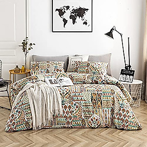 YuHeGuoJi Beige Paisley Duvet Cover Queen 100% Cotton Rust Floral Duvet Cover 3 Pcs Set 1 Exotic Boho Damask Patterned Duvet Cover with Zipper Ties 2 Pillowcases Bohemian Flower Bedding Set Soft