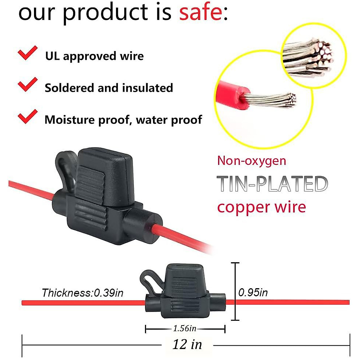 VANTRONIK Waterproof Inline Fuse Holder 5 Pack for Mini Fuse,18 Gauge AWG Wire UL1015, Fit for Mini Blade Fuse, 12 Inches Long