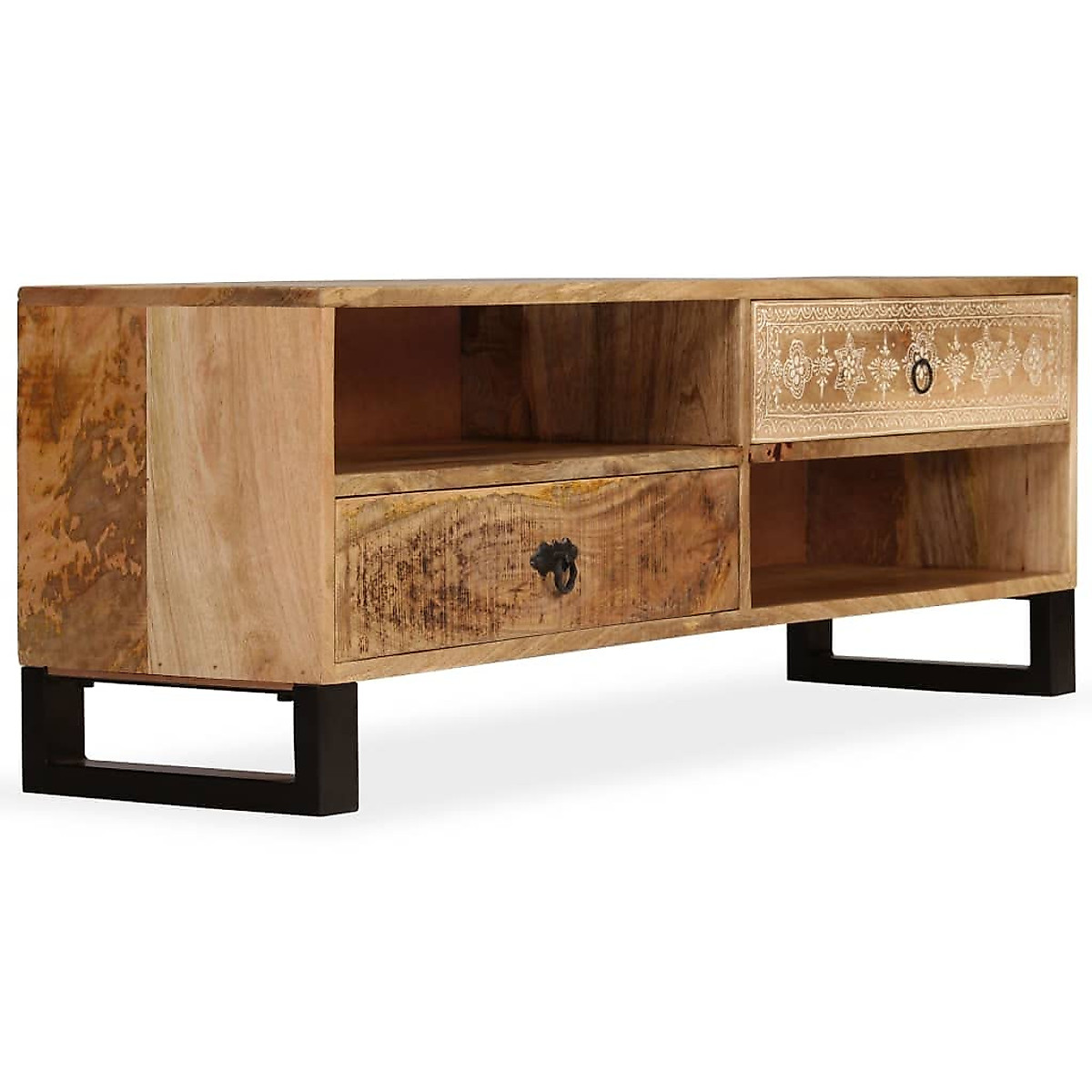 vidaXL Solid Mango Wood TV Stand - Handmade with Steel Legs and Hand-Painted Retro Style - Includes 2 Shelves and 2 Drawers - Brown