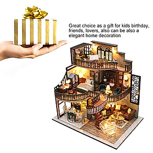 WYD Mini Doll House Kit Dream Building Pavilion Building Model DIY Mini Wooden Furniture Kit LED Lights Dust cover and Music Box Exquisite Decorations Creative Room Creative Gifts