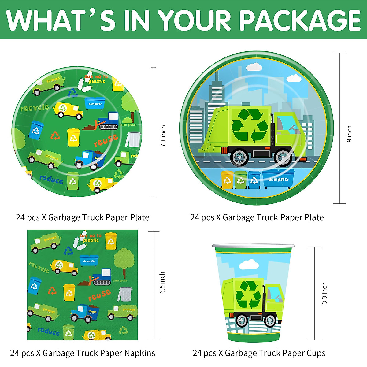 Xigejob Garbage Truck Birthday Party Supplies - Trash Party Decorations Tableware For Birthday Baby Shower, Plate, Cup, Napkin, Tablecloth, Cutlery, Straw, Waste Recycling Party Decorations | Serve 24