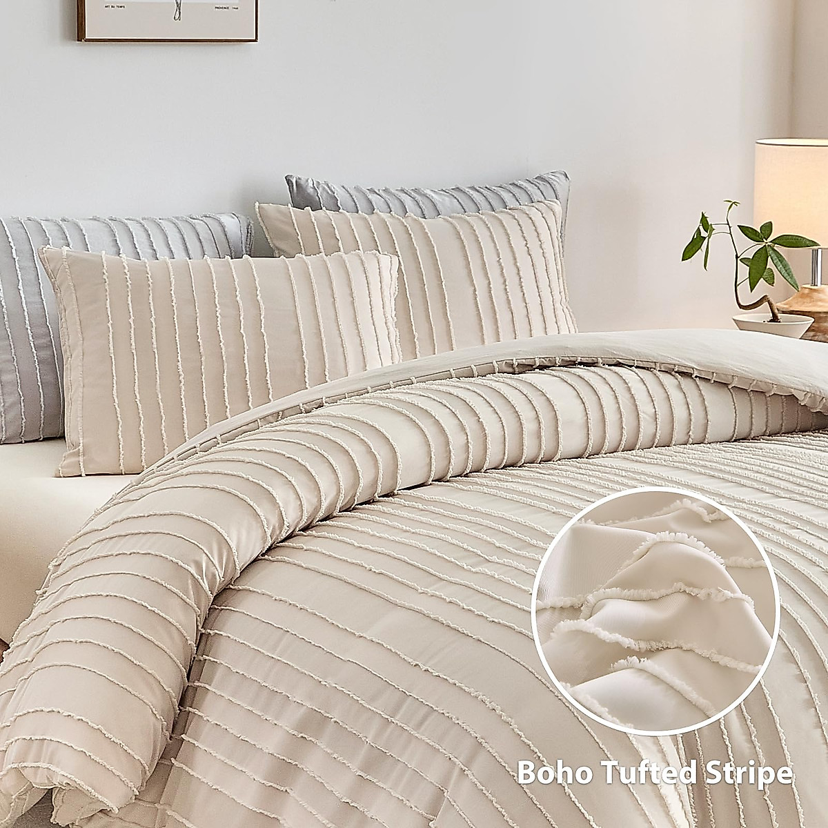 WARMDERN Khaki Boho Duvet Cover Set Queen Size, Striped Textured Tufted Bedding Set, 3 Piece Soft Washed Microfiber Duvet Cover with Zipper Closure (Khaki)