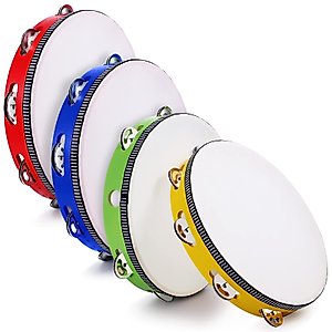 4 Pcs Tambourines for Adults 10 Inch Hand Held Drum Bell Birch Metal Jingles Single Row Wooden Tambourine Rhythm Educational Musical Instrument Percussion for Church KTV Party Gifts