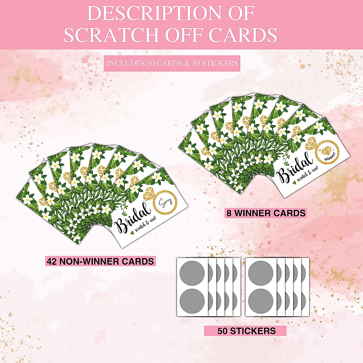Bridal Shower Scratch Off Game Cards - Glitter Diamond Ring - Tropical Greenery Wedding Shower Ideas - Bride Shower Party Activities & Supplies - Bachelorette Party Decoration - 50 Pack(07)