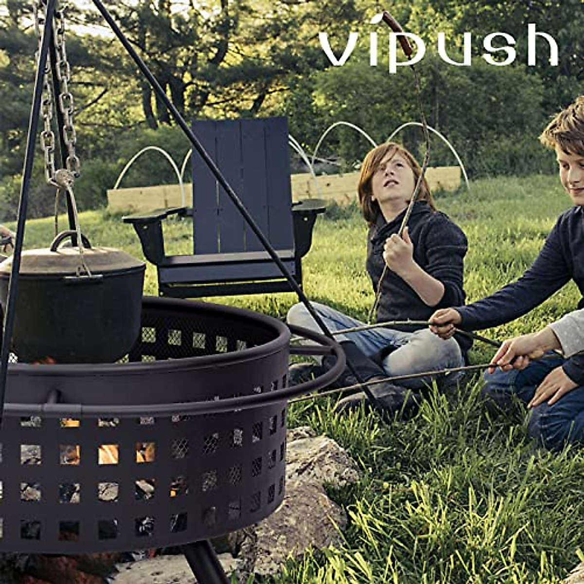 Vipush Fire Pit - 30in Black Crossweave Outdoor Fire Pit, Wood Burning Fire Pit with Spark Screen, Fireplace Poke, Cover - Fire Pit for Outside, Patio, Garden, Backyard, Decking