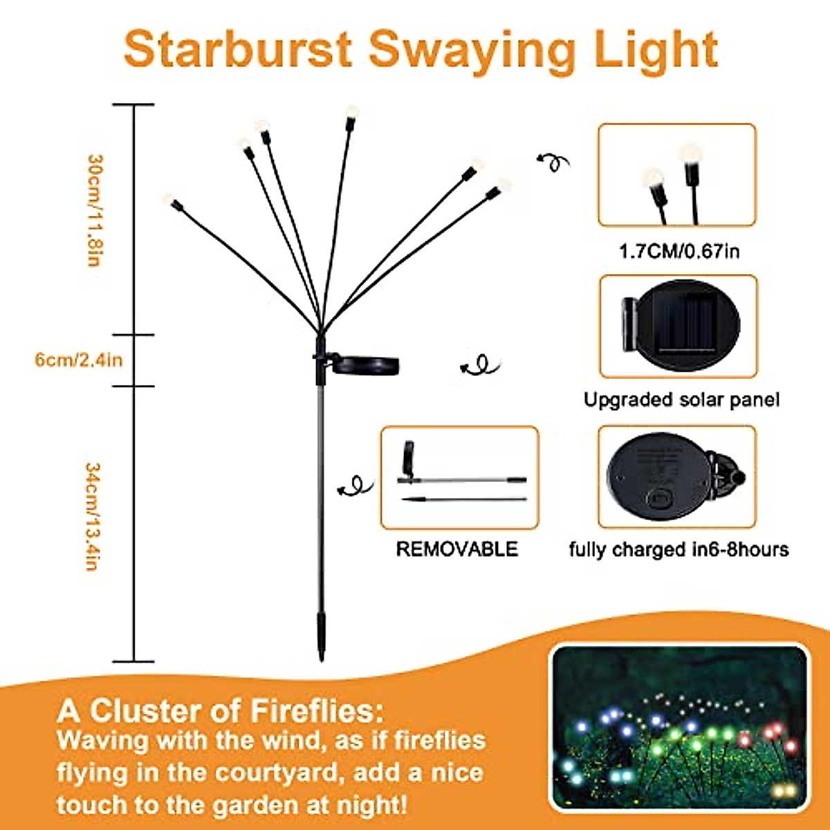 2 Pack Slyuexu Solar Garden Firefly Light：Starburst Swaying Firefly Outdoor Light Waterproof - Garden Decorative Lights Decoration Garden, Parties, Camping(Multicolor-Discolouration)