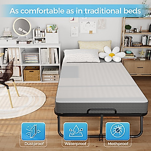 SPERTIKC Folding Bed with 5” Mattress, 75" x 38" Twin Folding Bed for Adults, Portable Foldable Twin Bed, Fold up Guest Bed with Study Metal Frame on Wheels, Space Saving