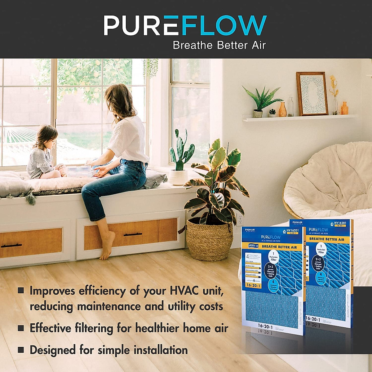 PureFlow, Home Furnace Air Filter 20x25x4, with 4 Layers of Advanced Filtration Technology, MERV-13 Pack-of-1