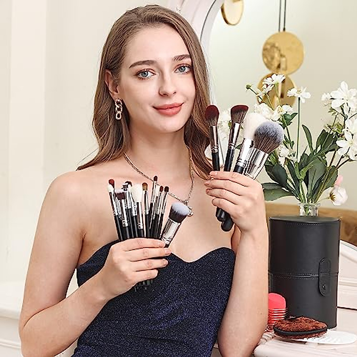 Bueart Design Pro makeup Artist Brushes Set 34Pcs Deluxe Real Goat Hair Horse hair Makeup Brush Set with extra Large Holder Professional labeled makeup brush set with natural Pony Hair