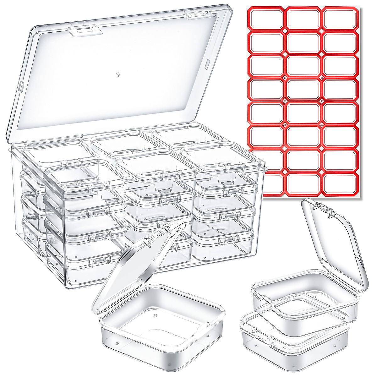12 Pack Small Plastic Beads Storage Containers Box, Clear Bead Organizer Case with Snap-Tight Closure Hinged Lid for Storage Small Items, Beads, Crafts, Jewelry, Hardware (2.17 x 2.17 x 0.79 in)