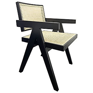First of a Kind Rattan Cane Dining Chair - Mid-Century Modern Chairs with Mesh Back - Comfy Side Chair with Arms for Dining Room – Farmhouse Wooden Frame Accent Chair for Kitchen - Black