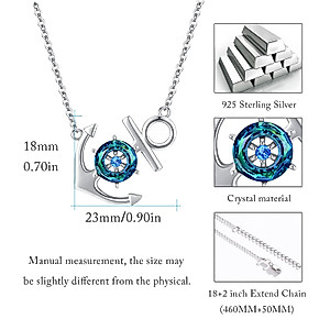 Anchor Necklace for Women, 925 Sterling Silver Boat Anchor Ocean Sailor Necklace, Austrian Circle Crystal Nautical Jewelry Blue Ship Wheel Pendant Inspirational Gifts for Best Friend