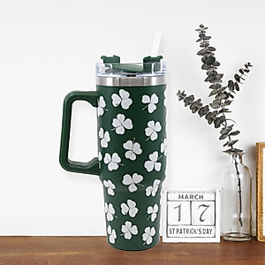 Envie 30 oz St Patrick Day Tumbler Mug with White Shamrocks, Reusable Insulated Mug with Handle, Lid and Straw, Stainless Steel Tumbler for Iced & Hot Beverages