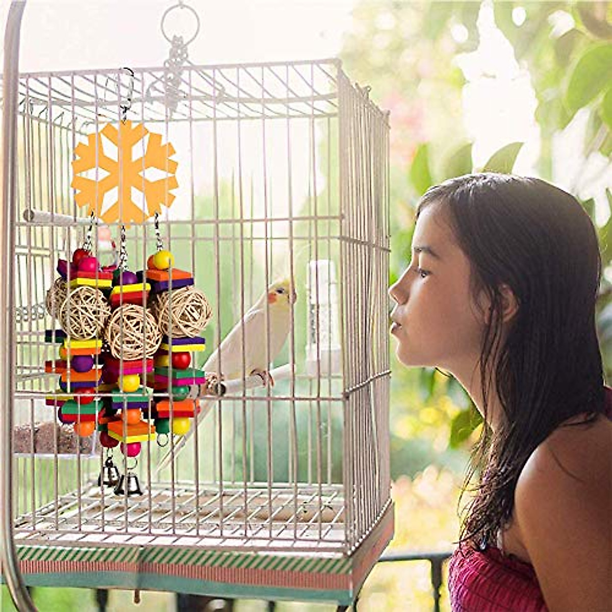 Coppthinktu Bird Toys, Parrot Toys with Bells, Parrots Cage Chewing Toy with Colorful Wood Beads, Multicolored Wooden Block Bite Toys for Macaw African Grey Cockatoo and a Variety of Amazon Parrots