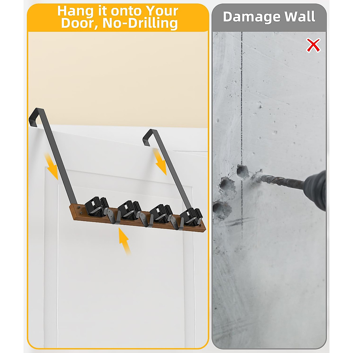 Broom Holder Over The Door - Wood Mop and Broom Holder Wall Mounted or Hanging Over The Door with Hooks - Broom Hanger, Broom Storage Tool Organizer with 4 Racks and 3 Hooks for Garage Closet Laundry