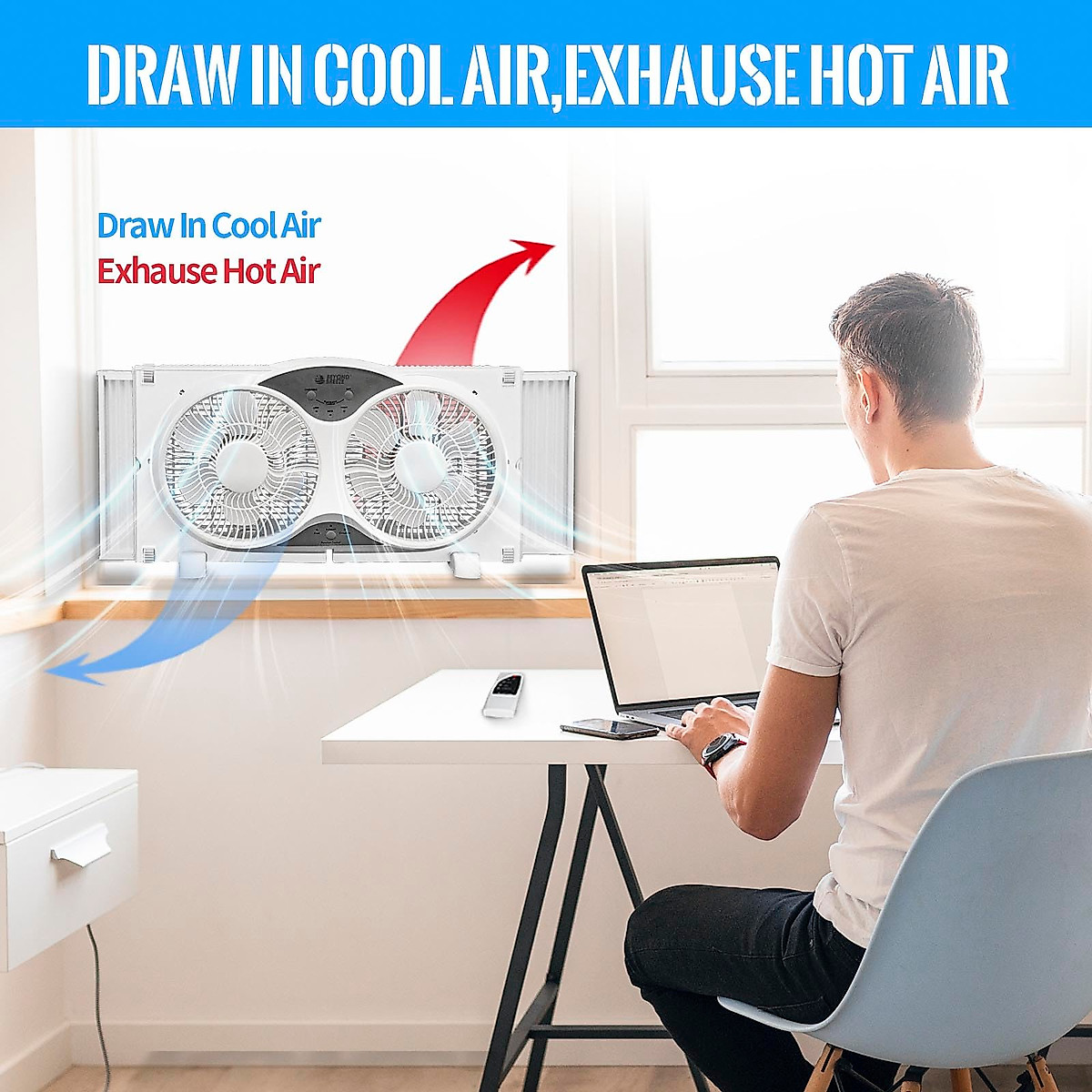 BEYOND BREEZE 9" Blades Twin Window Fan, 3-Speed 3-Function Expandable Dual Window Fan with Reversible Airflow Blades and Remote Control for Kitchen, Home, Bathroom, Width Adjustable