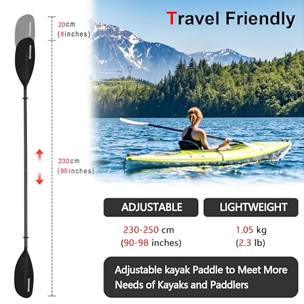 WONITAGO Kayak Paddle Premium Fiberglass Shafts with Reinforced Nylon Blades, Floating Oars for Kayaks, Adjustable 215-225 cm/85-90 Inches, White