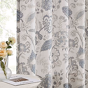 Kayne Studio Backtab Rod Pocket Jacobean Floral Semi Sheer Curtains Botanical Leaf Printed Vintage Farmhouse Blue Grey Light Filtering Window Treatment Sets Living Room Bedroom,52"x84",2 Panels