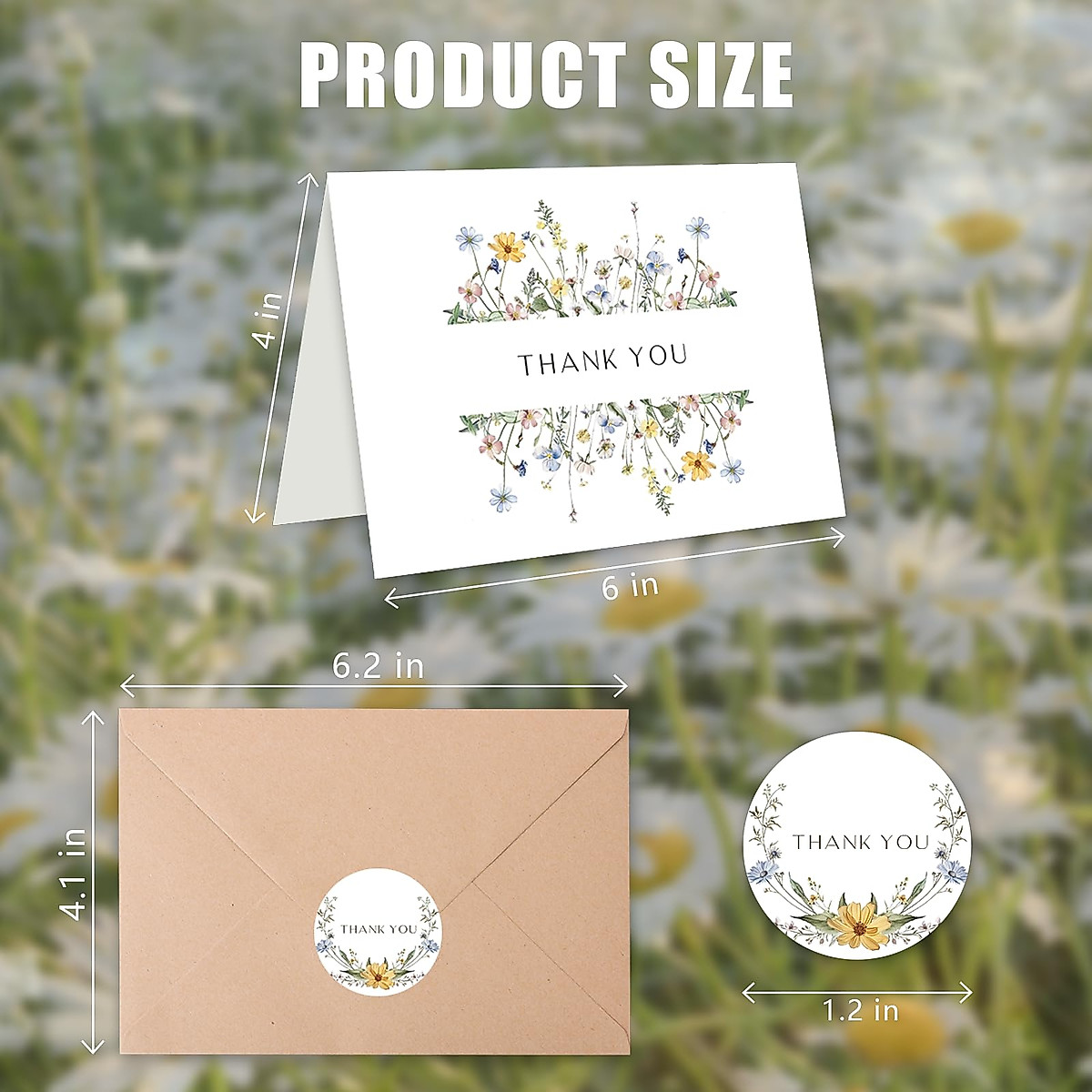 FUHITIM Thank You Cards with Envelopes(50 pack 4x6), Blank Cards with 5 Wildflower Designs, Perfect for Bridal Shower, Baby Shower, Wedding, Birthday, All Occasion