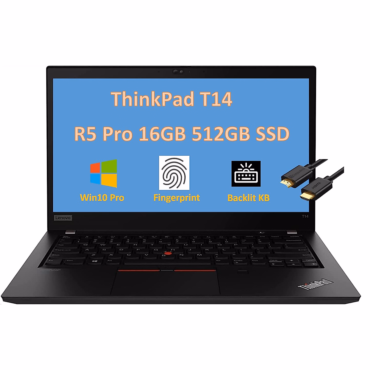Lenovo ThinkPad T14 14-inch FHD 16GB RAM, 512GB SSD, AMD 6-Core Ryzen 5 Pro 4650U(Beats i7-1165G7) IPS Business Laptop, Backlit, Fingerprint, Webcam, IST Cable, Windows 10 Pro / 11 Pro (Renewed)