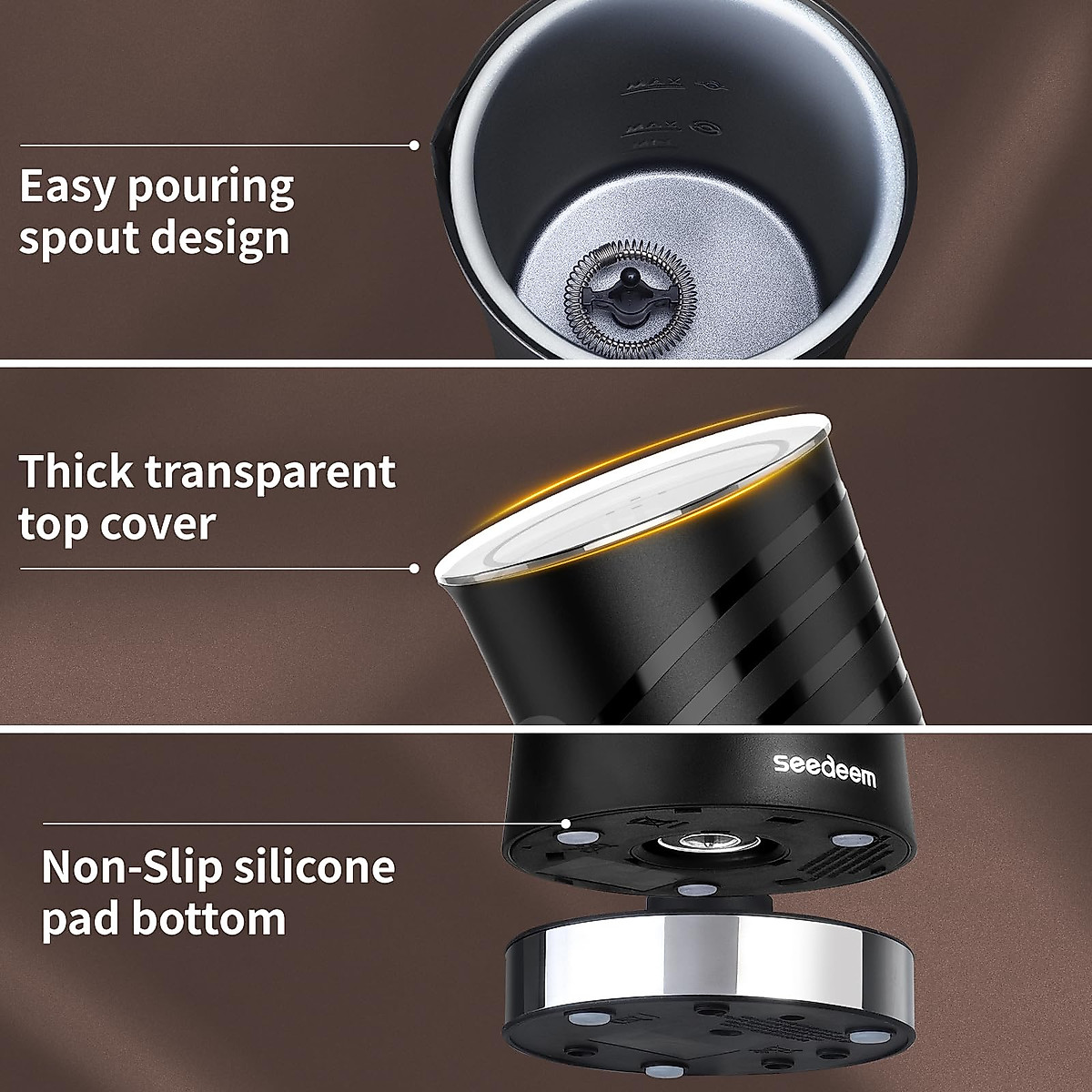 SEEDEEM Milk Frother, 5 in 1 Electric Milk Frother and steamer, Automatic Hot And Cold Foam Maker with 2 Whisks for Coffee, Latte, Cappuccino, Hot Chocolate, Black