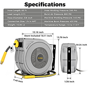 GLAHODEN Enclosed Retractable Air Hose Reel, 3/8 in x 65 Ft Hybrid Hose Air Compressor Hose Reel with 6 Ft Lead in Max 300 PSI Patented Design for Any Length Lock 180°Swivel Bracket Quick Coupler