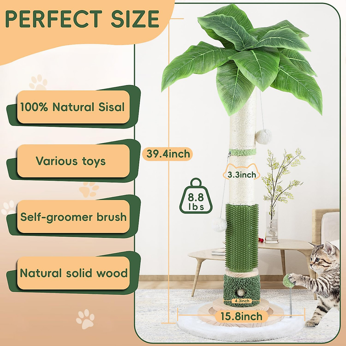 COUNER Cat Scratching Post for Indoor Cats Adults-39.4'' Tall Cat Scratcher with Nature Sisal Rope,Cat Toy Interactive Ball Self Groomer,Large Scratching Post for for All Cats Protect Your Furniture
