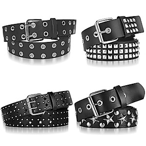 Olutacot 4 Piece Studded Rivet Double Grommet Belt Set - Faux Leather Gothic Goth Black - Punk Style Accessories for Men Women - Ideal Gift