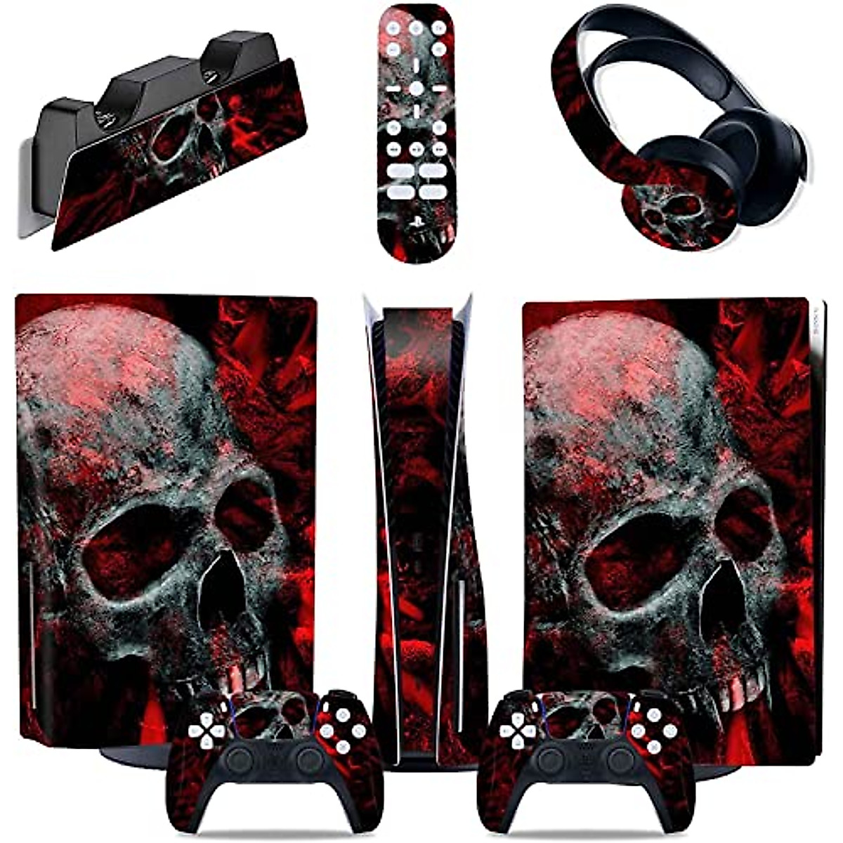 Full Set Skin Decal for PS5 Console Disc Edition Sticker Vinyl Decal Cover for PS5 Controller & Charging Station & Headset & Media Remote (Fire Skull)