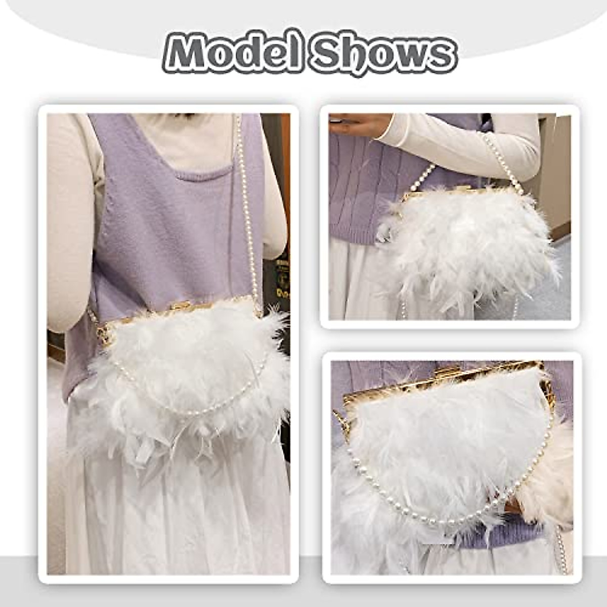 Emprier Feather Pearl Clutch Purses For Women Pearl Chain Shoulder Bag Wedding Party Evening Dress Bag