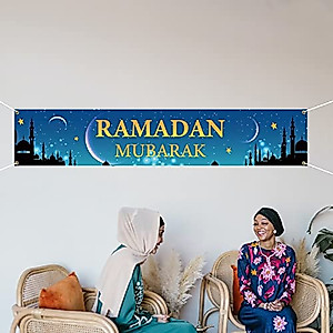 KYMY Ramadan Mubarak Porch Sign with 59 X 11.8 inch,Muslim Ramadan Banner for Eid Mubarak Party,Islamic Hanging Banner for Indoor and Outdoor Ramadan Mubarak Decorations