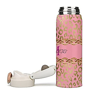 Custom Pink Gold Leopard Water Bottle Personalized Name Text Stainless Steel Sport Water Bottle Customized Double Wall Vacuum Insulated Cup Gift for Kids Women Men