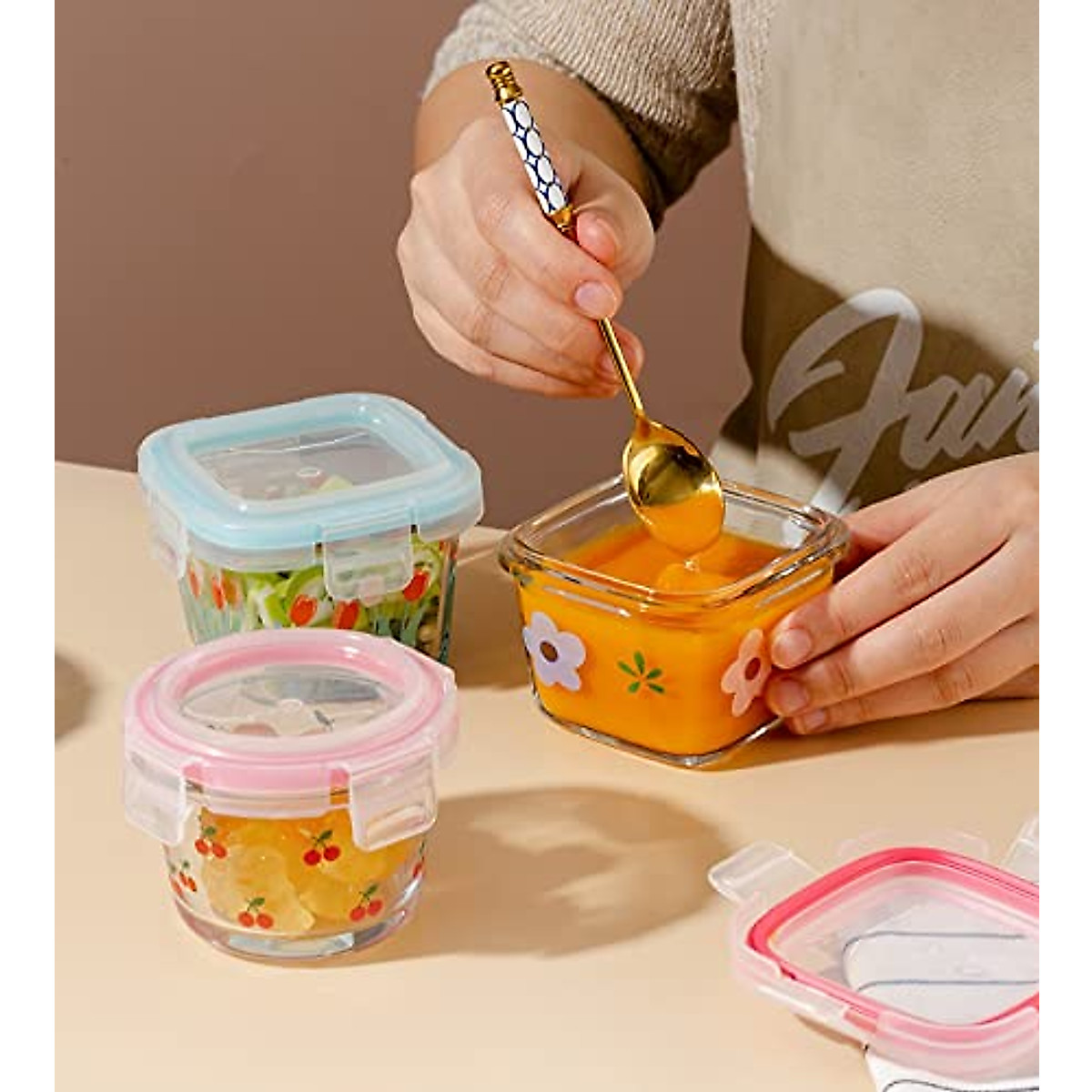 2 Pack 4 OZ Mini Glass Food Storage Containers Portable Small Food Jars with Airtight Lids Leakproof Square Flower Glass Container for Food Portion,Dipping Sauce,Snack,Nut,Yogurt,Freezer Microwave Safe